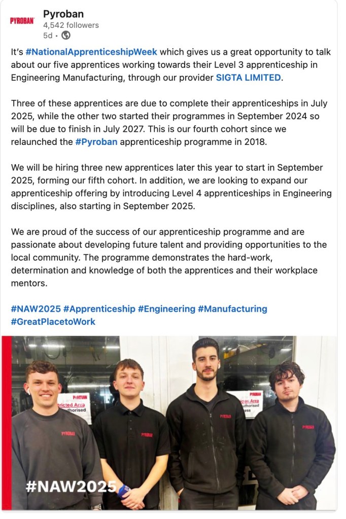 Pyroban apprentices - Apprenticeships and Training Courses for Industry